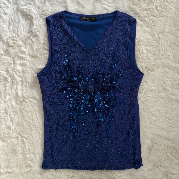 Vintage | Tops | Y2k Temptation Italy Blue Floral Beaded And Sequin ...